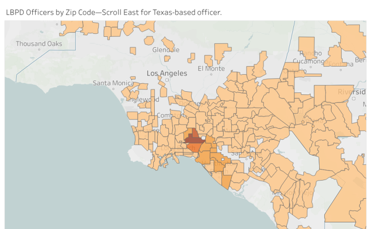 Workbook: LBPD Officers by Zip Code - Choropleth View